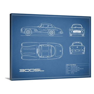 "Mercedes 300SL Gullwing - Blue" Wrapped Canvas Art Print, 24"x18"x1.5 ...