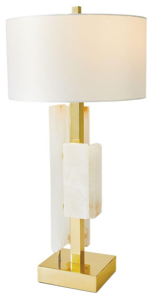 Luxe Alabaster Stone Slab Brass Table Lamp Gold White Geometric 37 x 18 ...