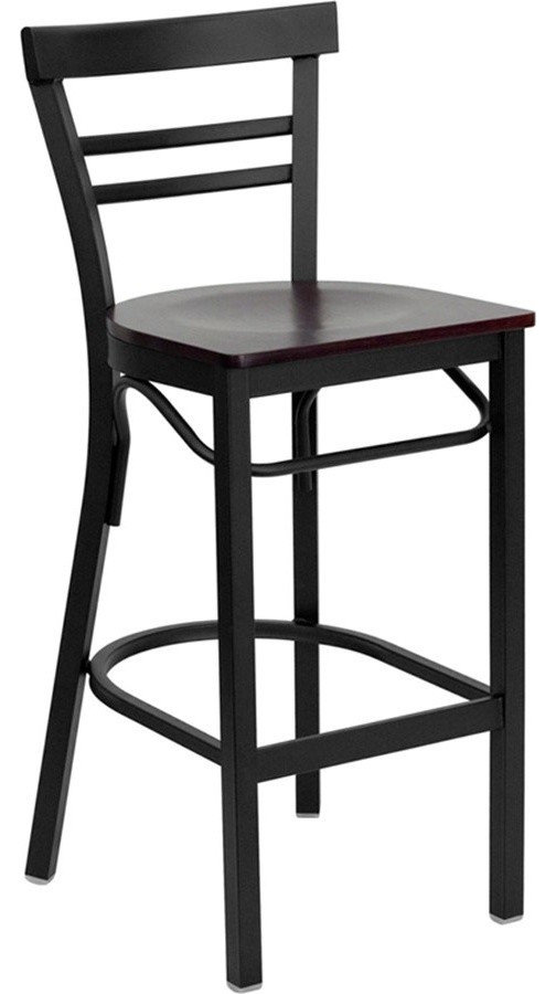 Black Two-Slat Ladder Back Metal Restaurant Barstool, Mahogany Wood ...