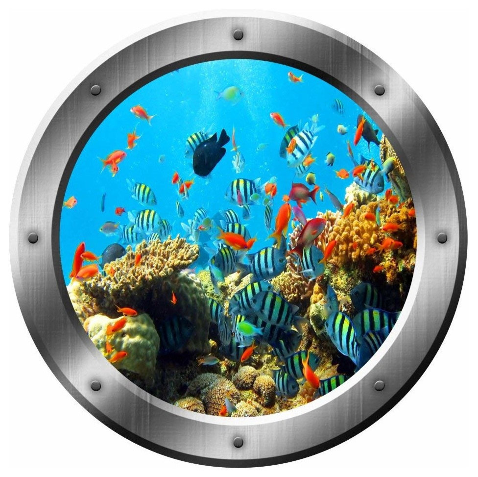 VWAQ Coral Reef Wall Decal Porthole Ocean School Of Fish Wall Sticker ...