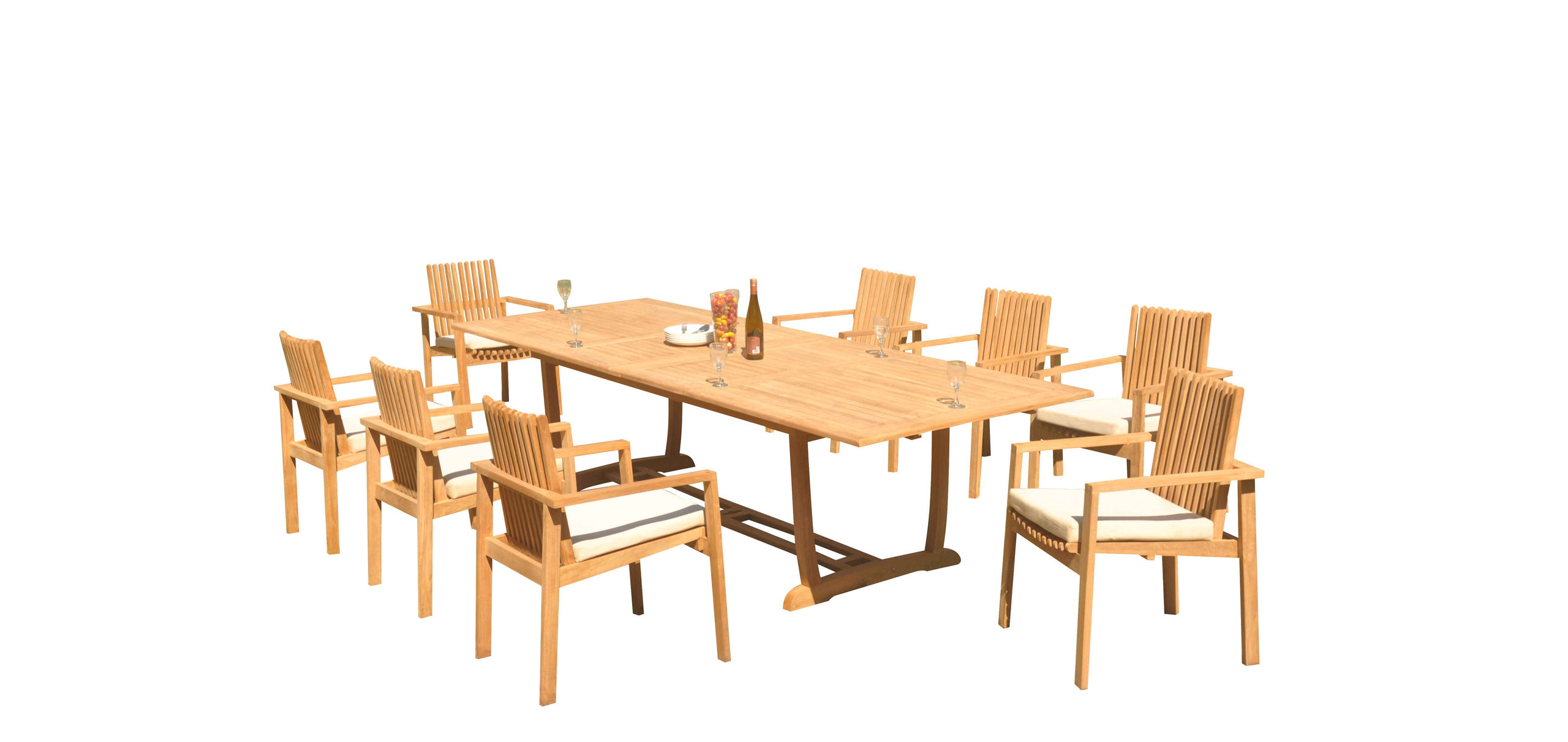 9-Piece Outdoor Teak Dining: 117" Masc Rectangle Table, 8 Clip Stacking Chairs - Transitional ...