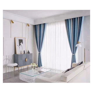QYFL224A On Sales Petrel Blue Grey Stripe Chenille Custom Made Curtains ...