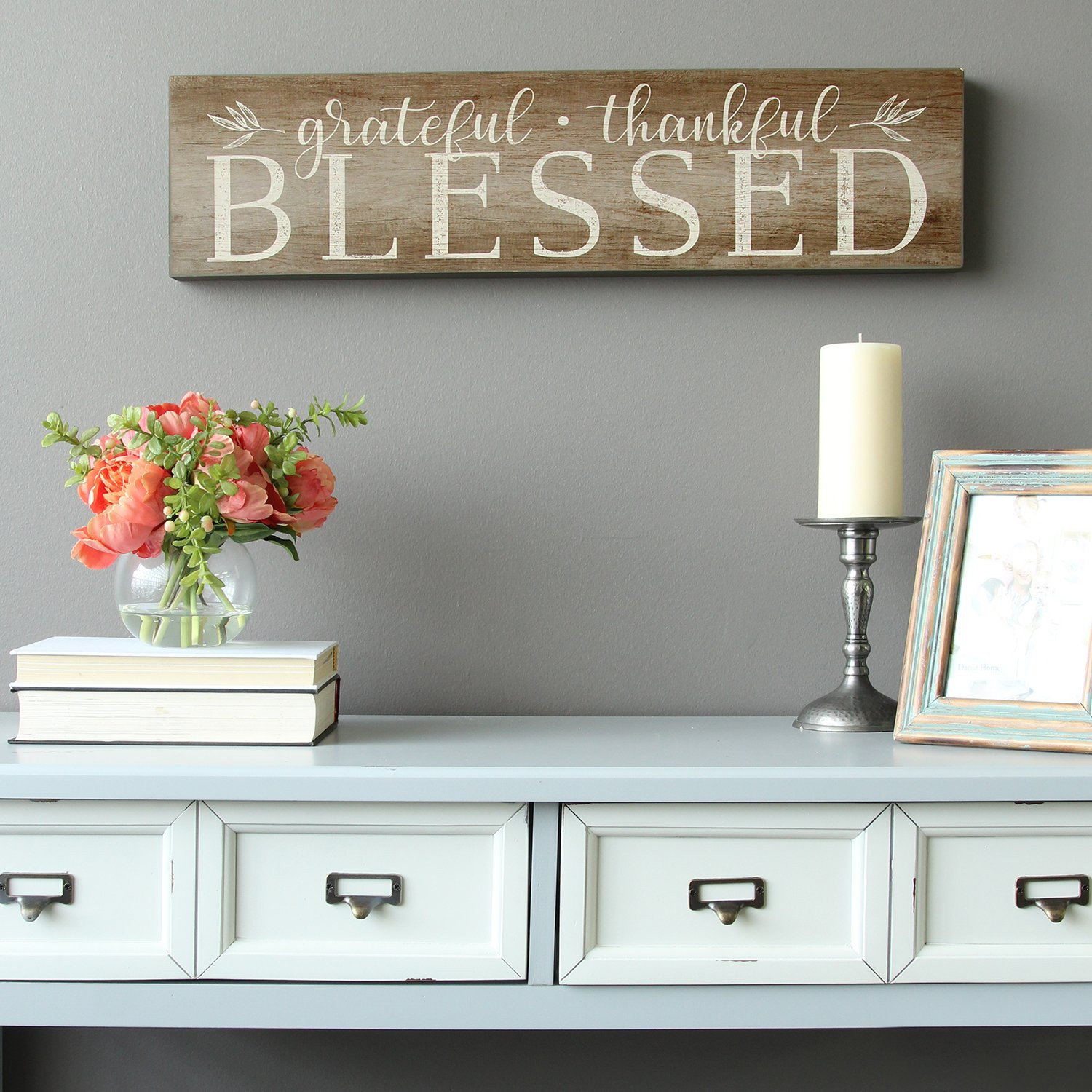 HomeRoots Grateful Thankful Blessed Wooden Wall Decor - Farmhouse ...