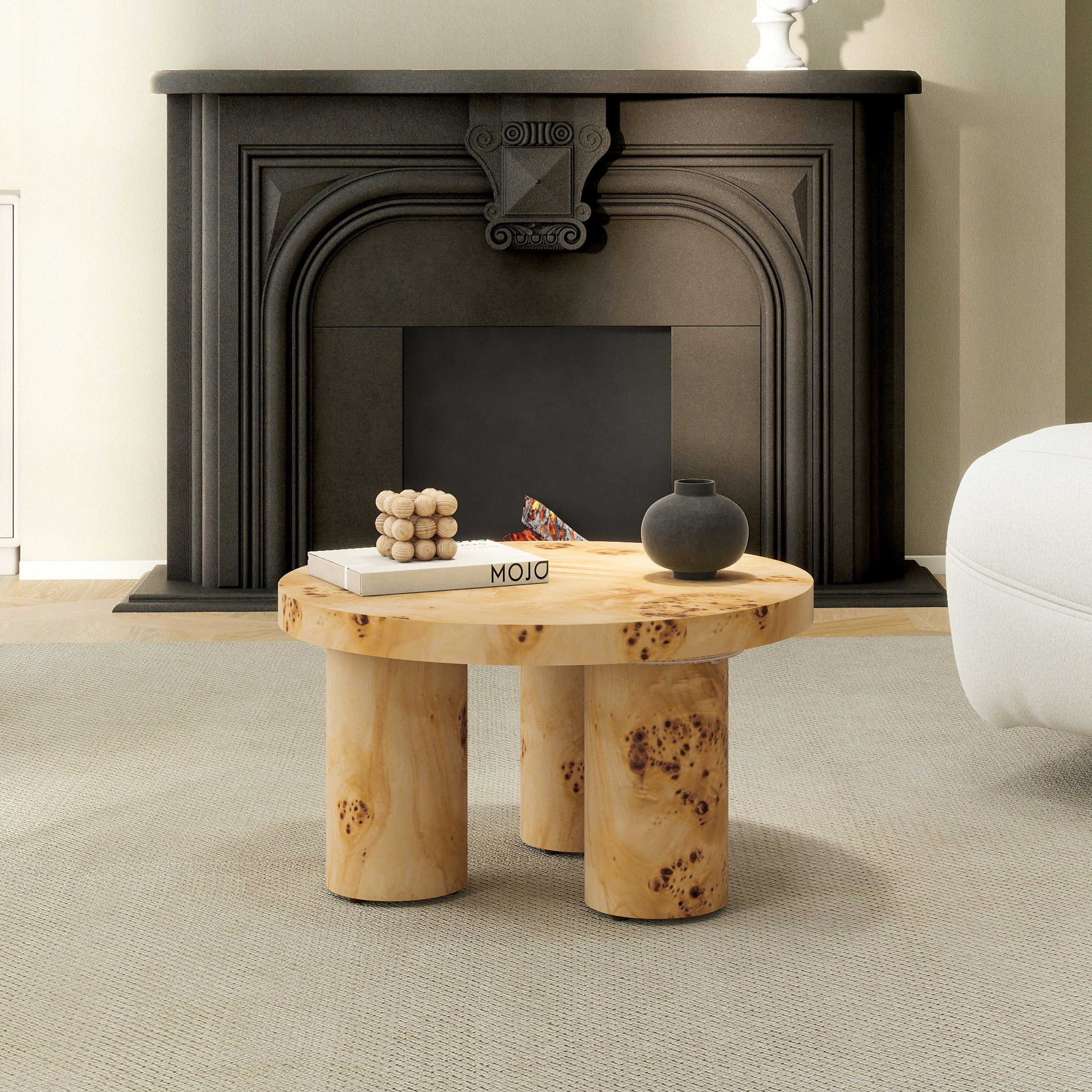 Nebula 28" Burl Wood Round Pillar Leg Coffee Table, Warm Natural Brown ...