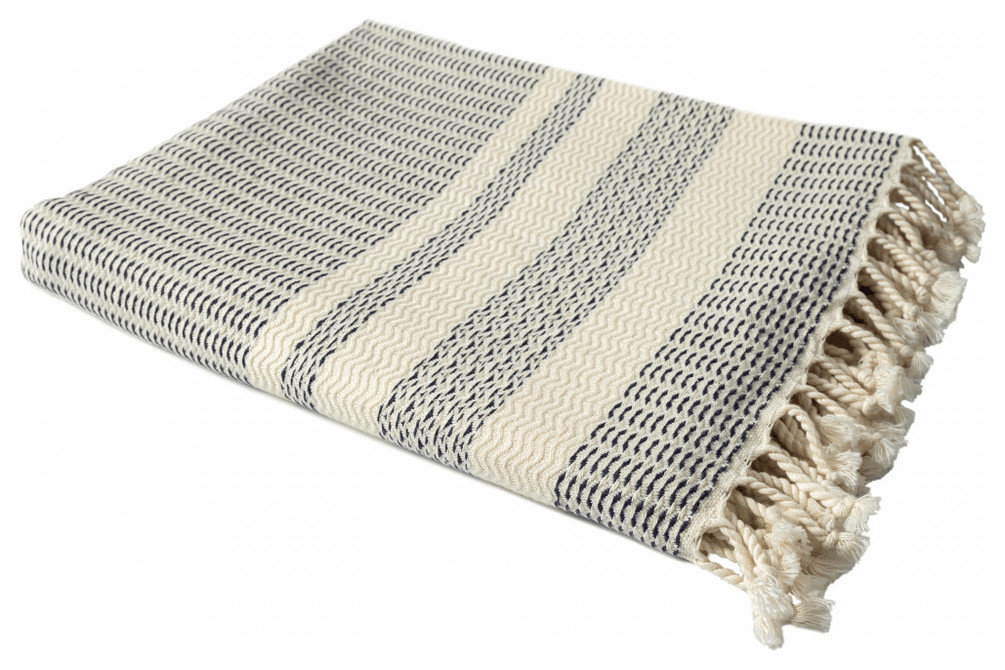 Blue and White Woven Cotton Striped Throw Blanket - Contemporary ...