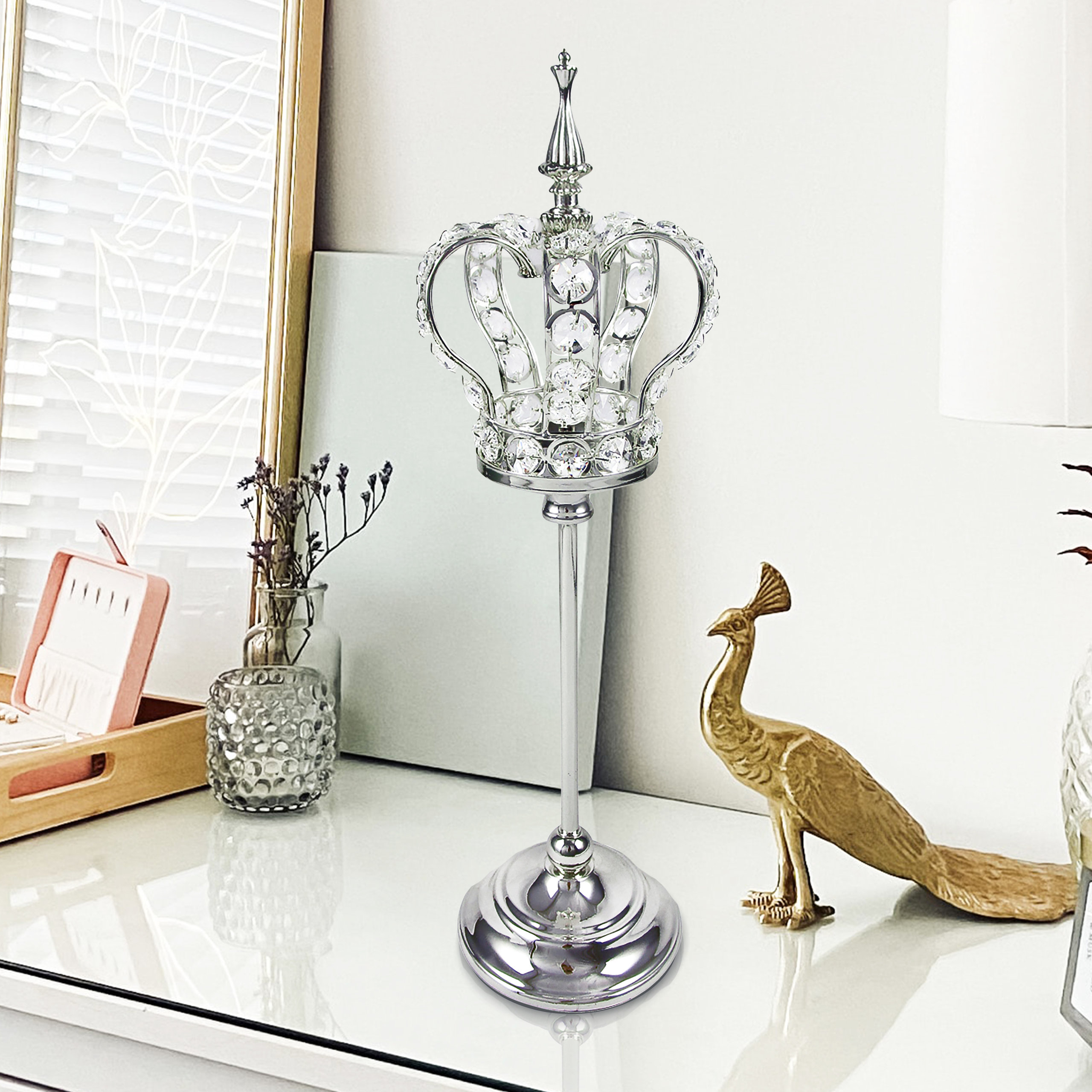 Crystal Bead Crown Decor Centerpiece Accent with Mirror Stand 17 ...