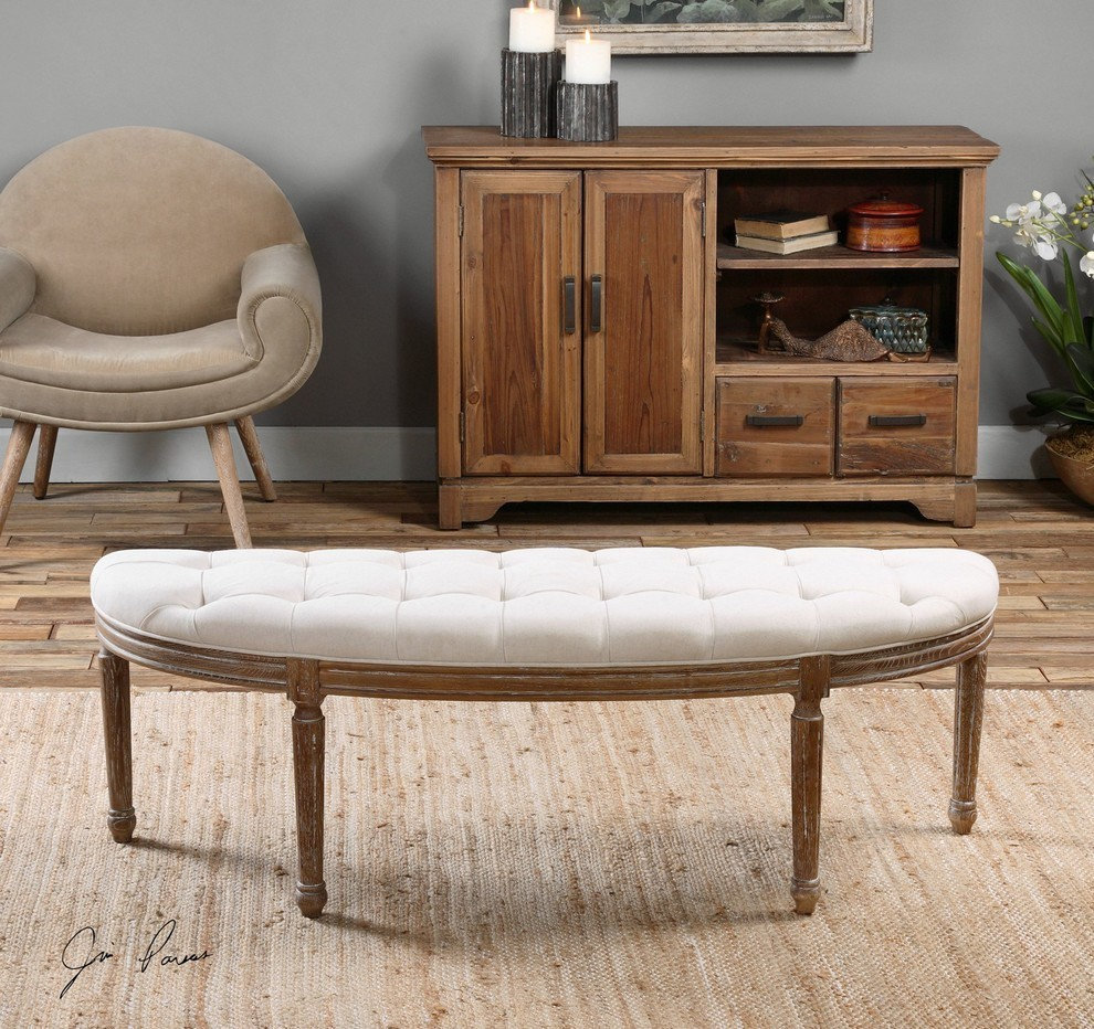 Off White Demilune Bench, Tufted Solid Wood - French Country ...