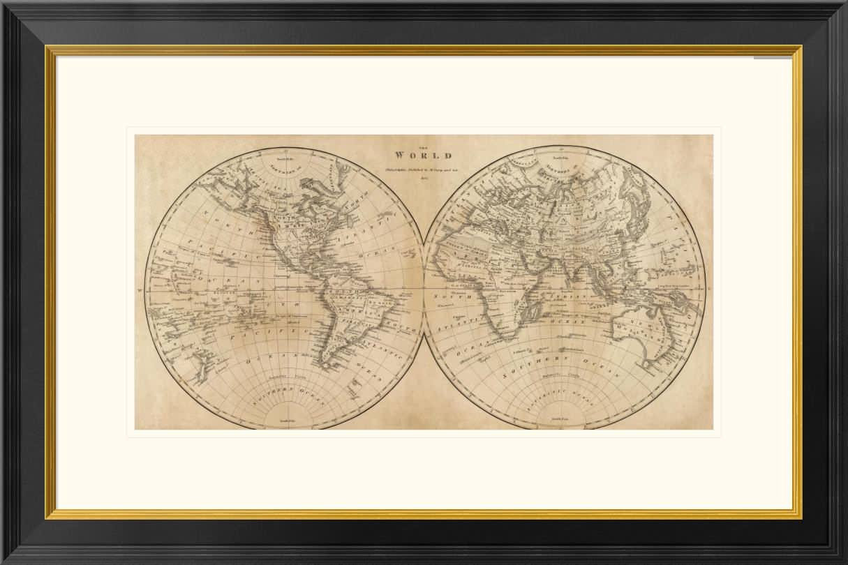 "The World, 1825" Framed Digital Print by Mathew Carey, 32"x22", 32"x1 ...