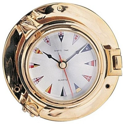5.5" Polished Brass Quartz Porthole Clock With Nautical Flag Face, 9 ...