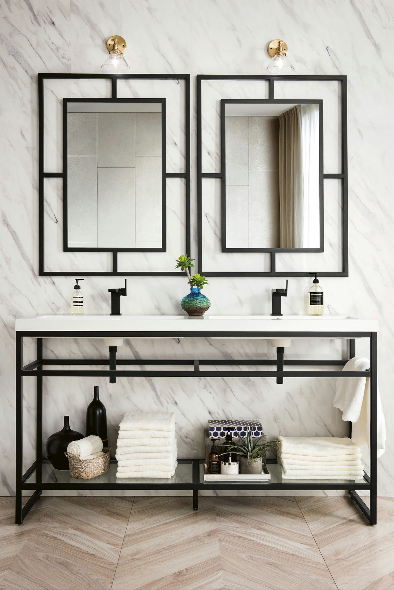 Boston 63" Sink Console (Double Basins) Black w/White Composite Top ...