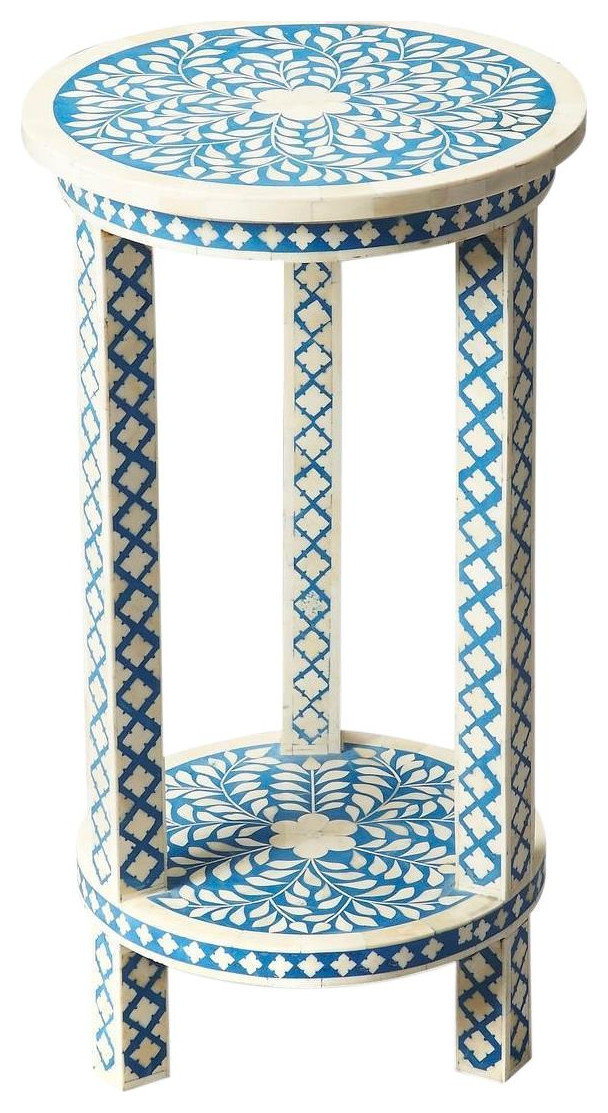 Moroccan Round Blue Bone Inlay Side Table - Mediterranean - Side Tables ...