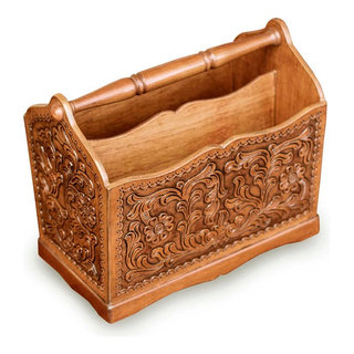 Colonial Iquilla Flower Tornillo Wood and Leather Magazine Rack ...