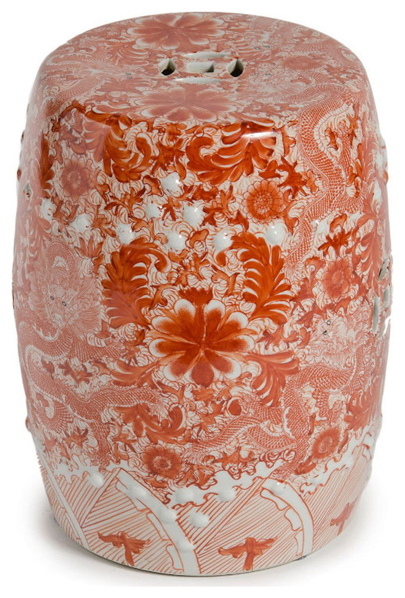 Orange Porcelain Garden Stool W/ Dragon Motif - Asian - Accent And ...