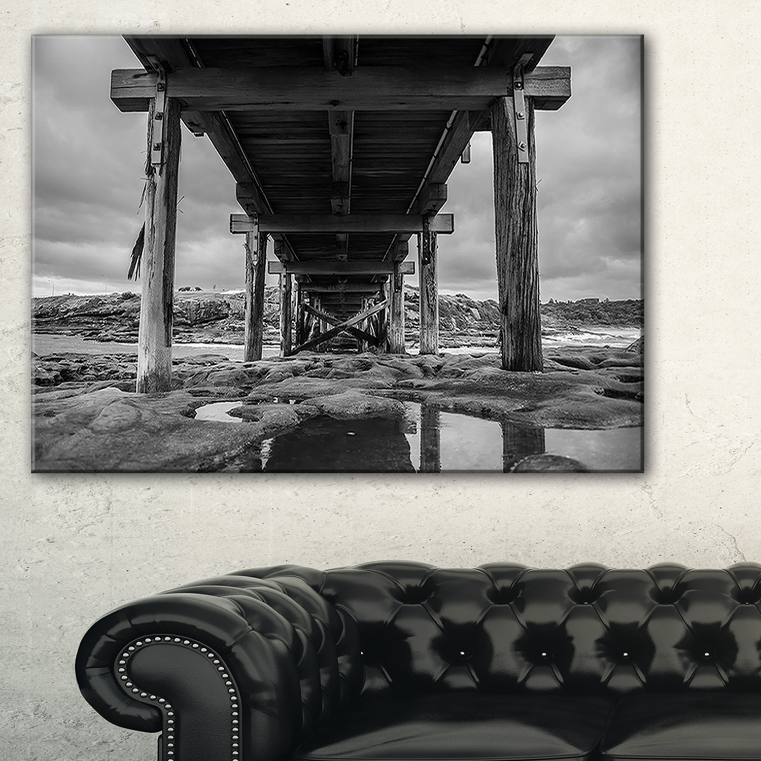 "Black And White Large Wooden Bridge" Sea Bridge Canvas Wall Artwork ...
