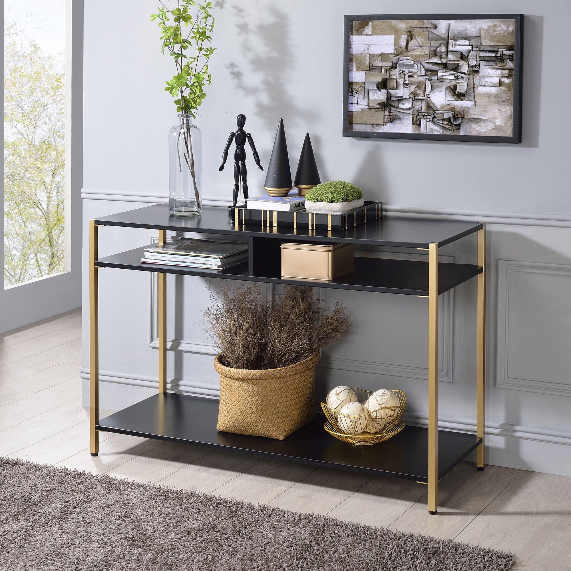 Contemporary Console Table, Golden Frame With Lower Shelf & 2 Cubbies ...