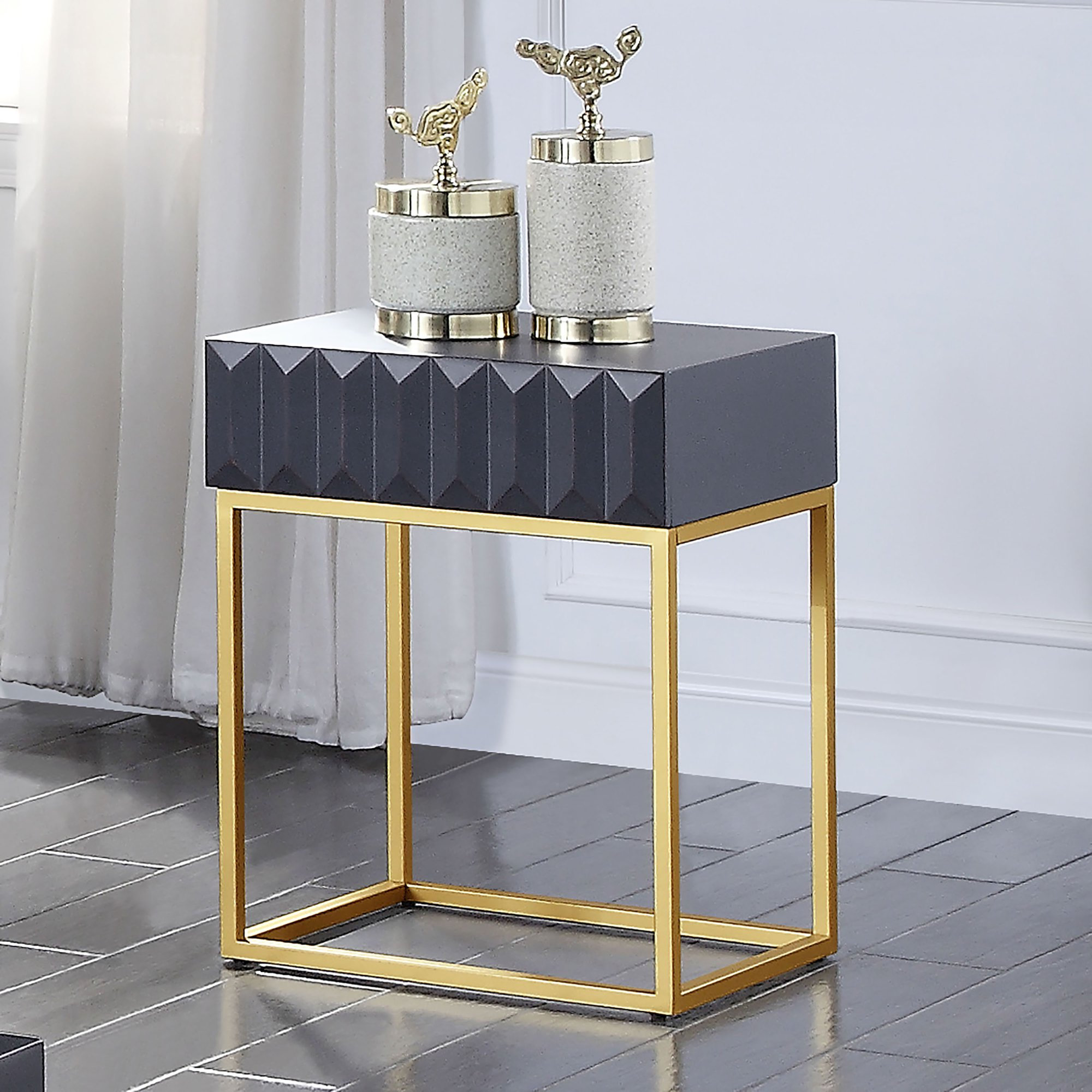 Rectangular Side Table, Gold Finished Metal Frame & Drawer With Texture ...