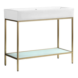 Contemporary Vanity Sink, Golden Frame With Glass Shelf & Ceramic Basin ...