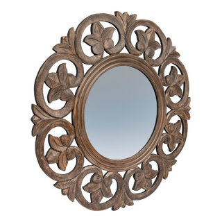 Round Carved Wood Botanical Framed Wall Mirror, Walnut - French Country ...