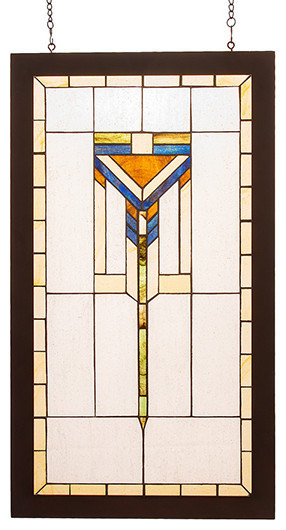 17"W X 30"H Prairie Wood Frame Stained Glass Window - Craftsman ...