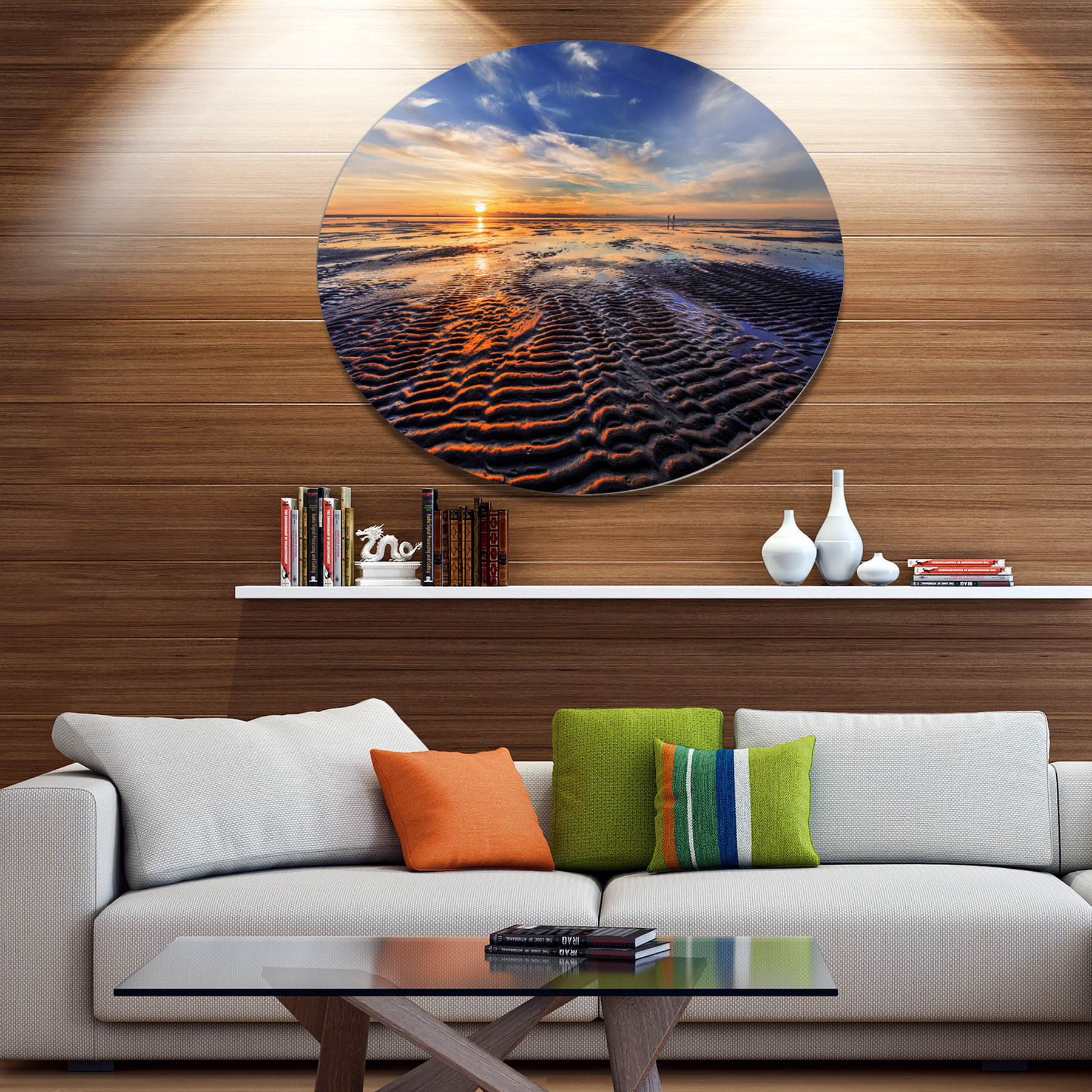 Waves On The Sand During Sunset, Seashore Art Round Wall Art, Disc of ...