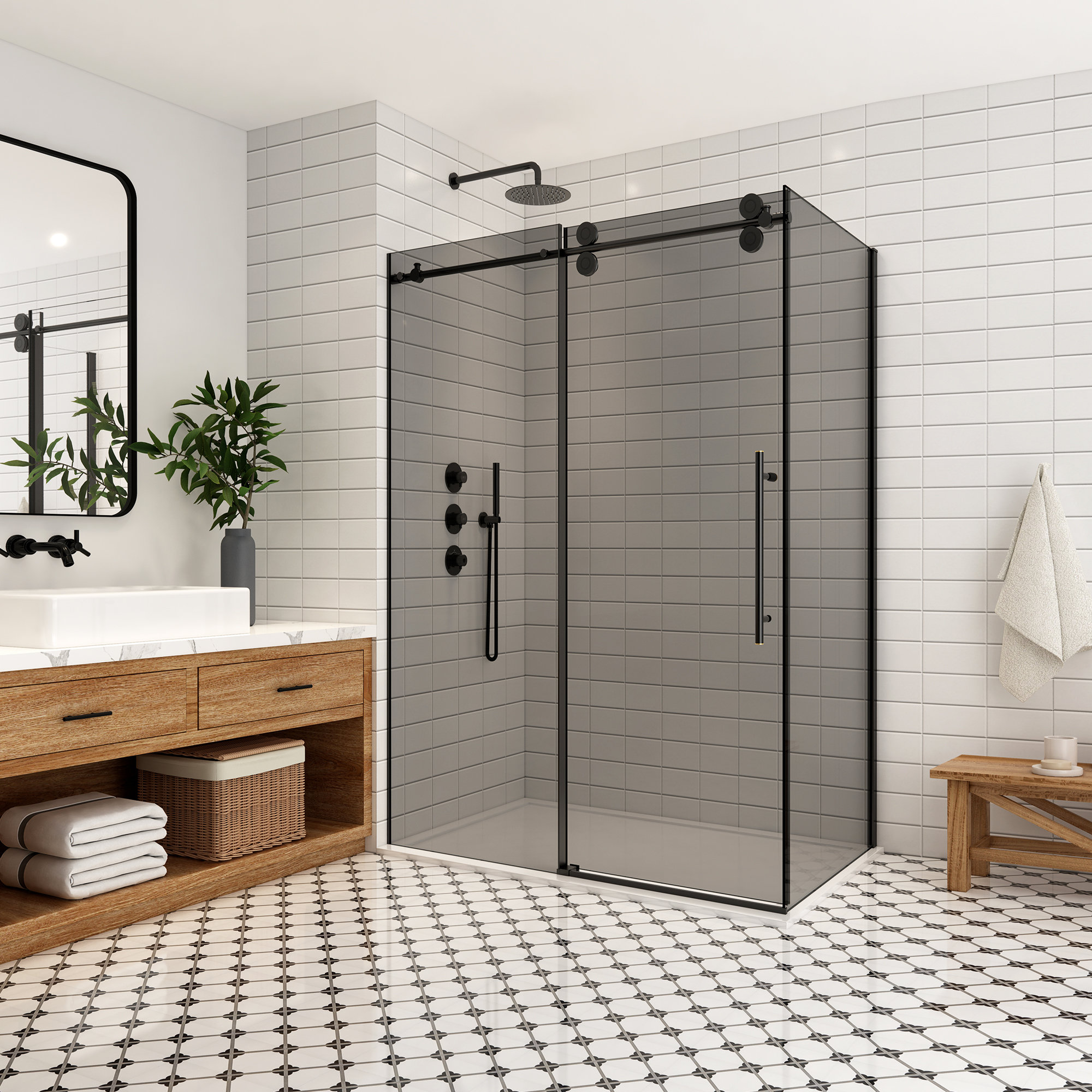 Echarri Rectangle Sliding Frameless Shower Enclosure, Tinted Glass, 48 ...