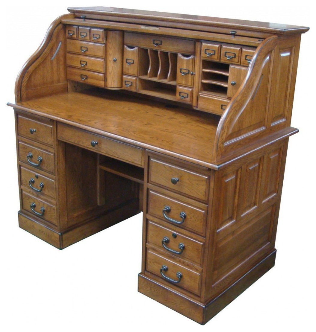 Two Tier Burnished Walnut Hardwood Deluxe Roll Top Desk - Transitional ...