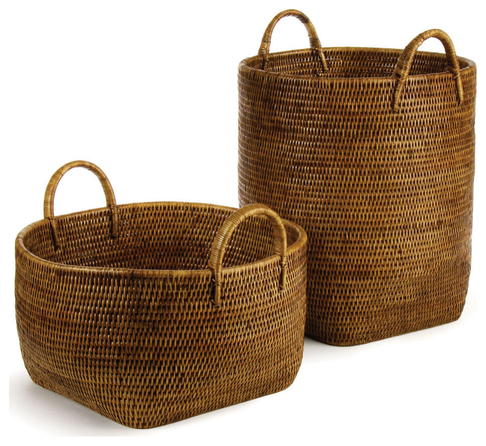 Burma Rattan Orchard Baskets, Set of 2, 15x15x16.75;16.5x16.5x9 ...