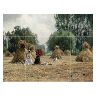 Tile Mural IN THE HAY FIELD children trees Backsplash, 4.25" Ceramic ...