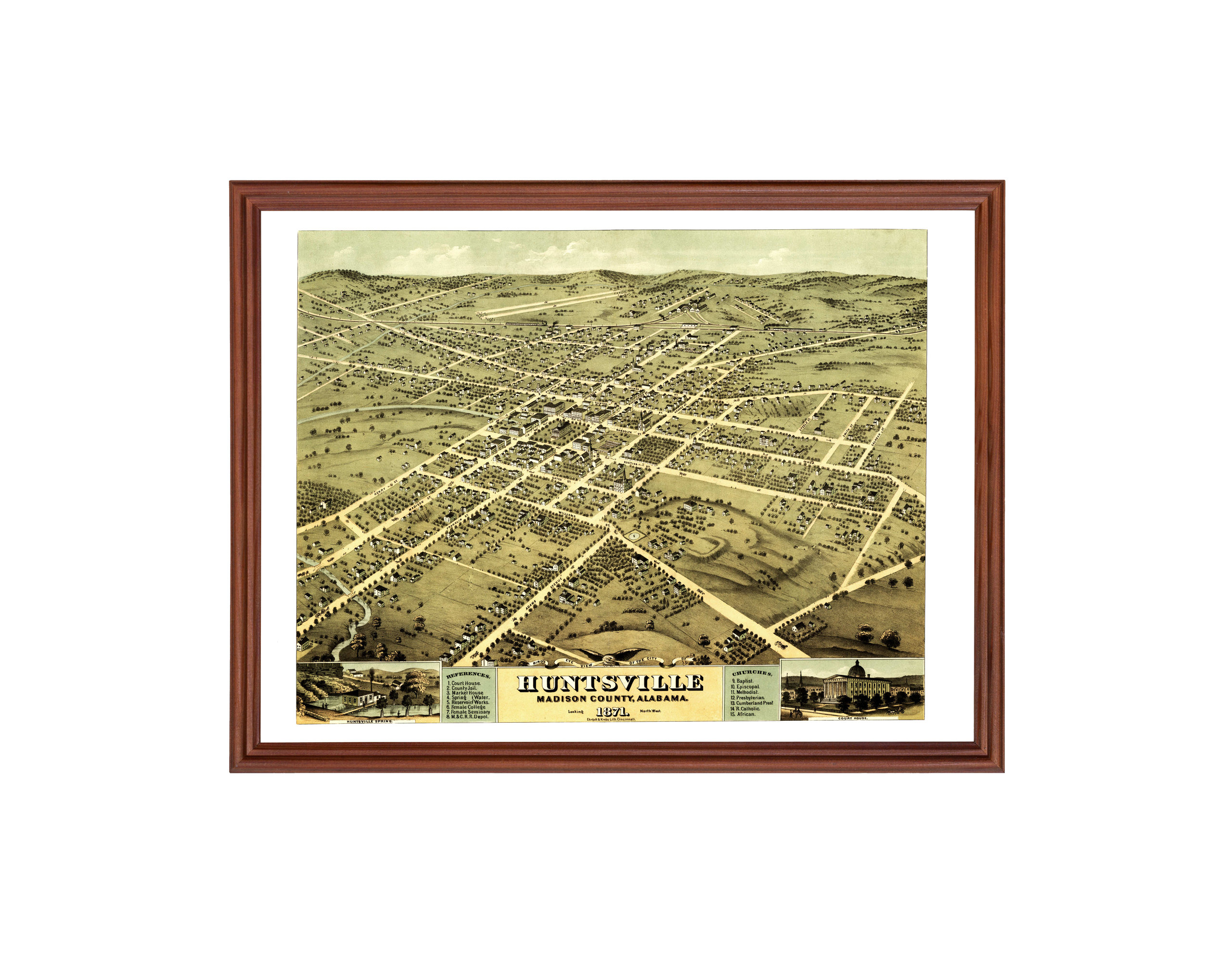 Huntsville Map Framed Art 1871, Vintage Alabama Wall Decor, 36x24 ...