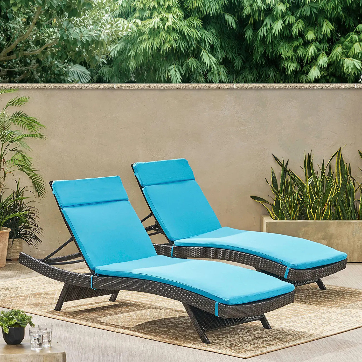 2 Pack Patio Chaise Lounge, Curved Multibrown Wicker Frame & Blue ...
