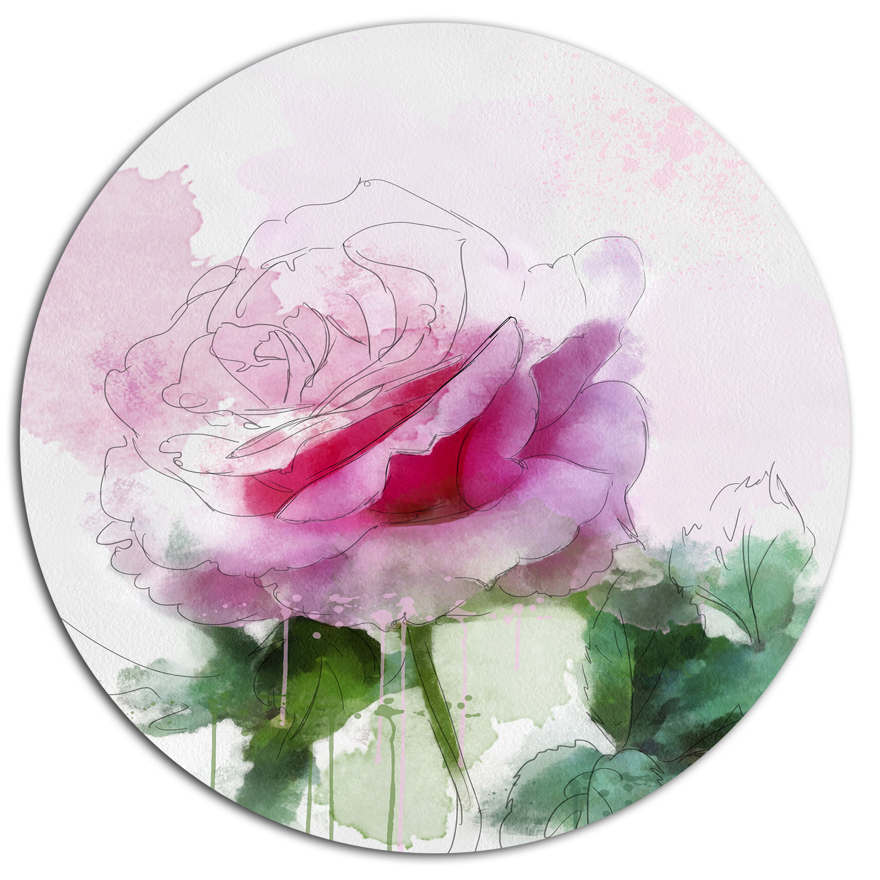 Pink Rose Sketch With Green Leaves, Floral Disc Metal Artwork, Disc of ...