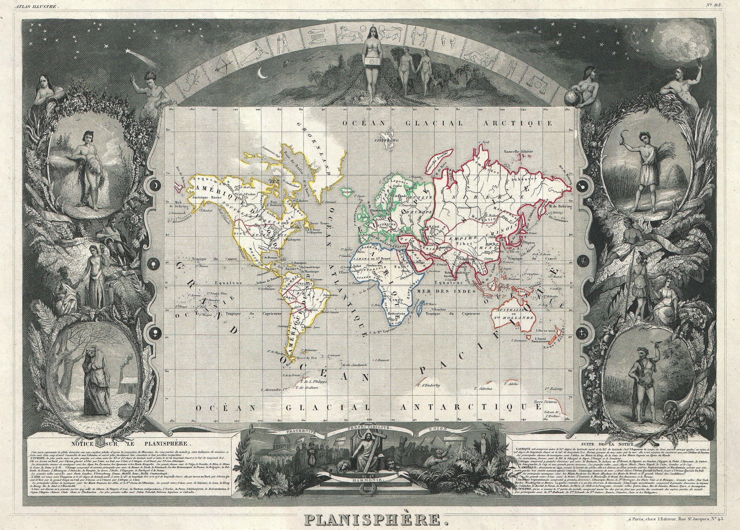 Planisphere, Map of the World, 1847, Peel & Stick Removable Wall Decal ...