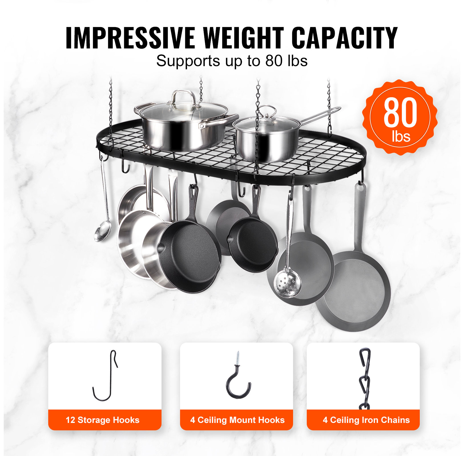 VEVOR Hanging Pot Rack Ceiling Mount 32" Ceiling Pot Rack With 12 S ...