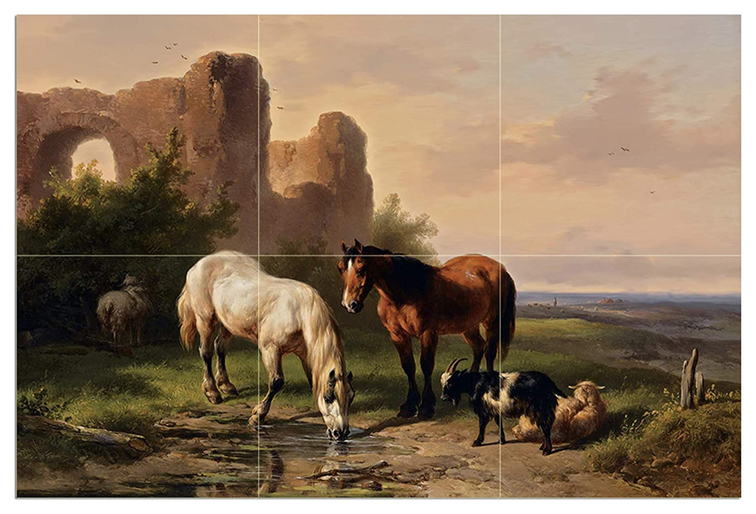 Tile Mural WATERING HORSES NEAR A RUIN animals Backsplash, 4.25 ...