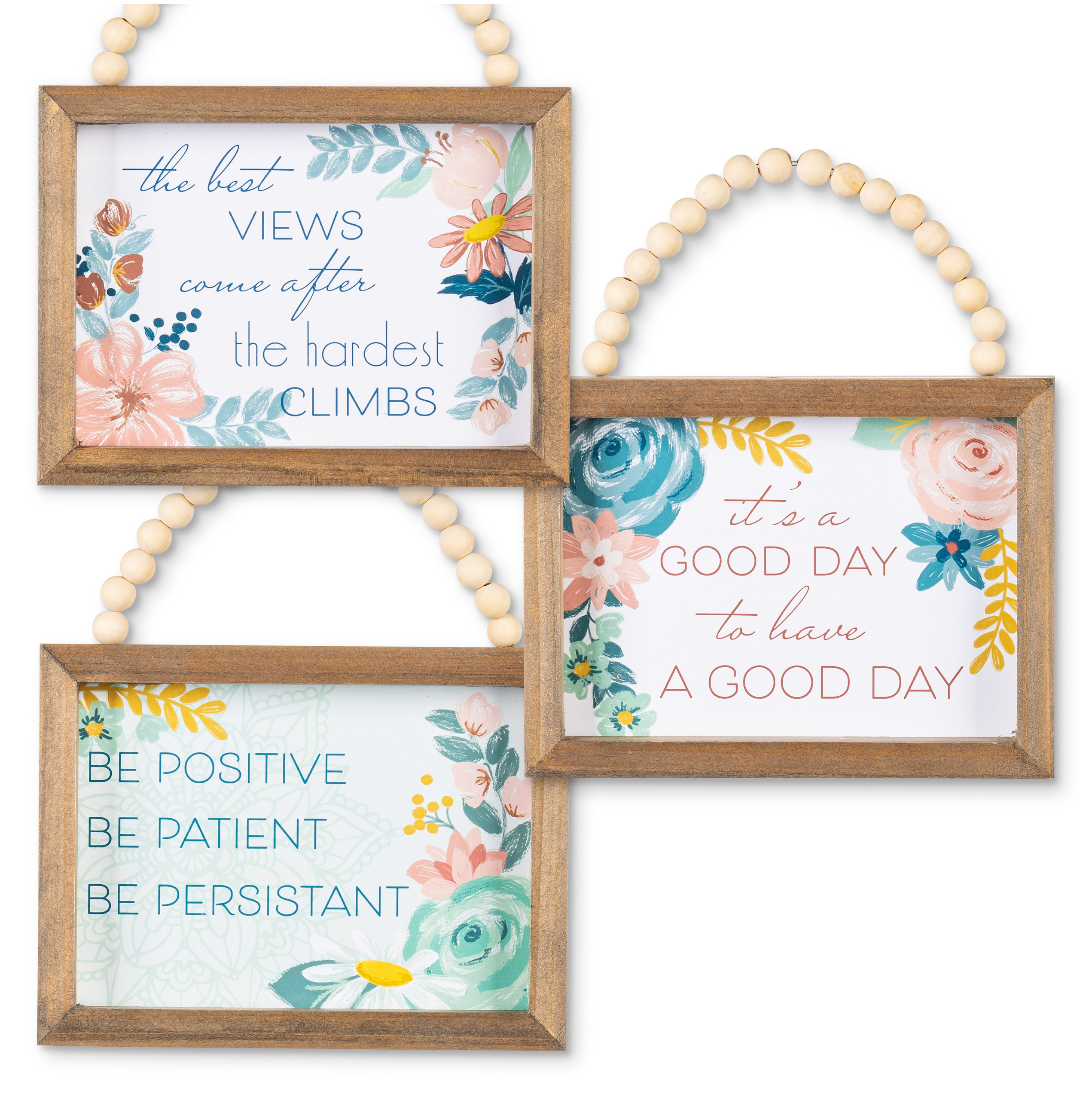 Set of 3, 7.88" Inspirational Wood Wall Art, Beaded Hanging Handles ...