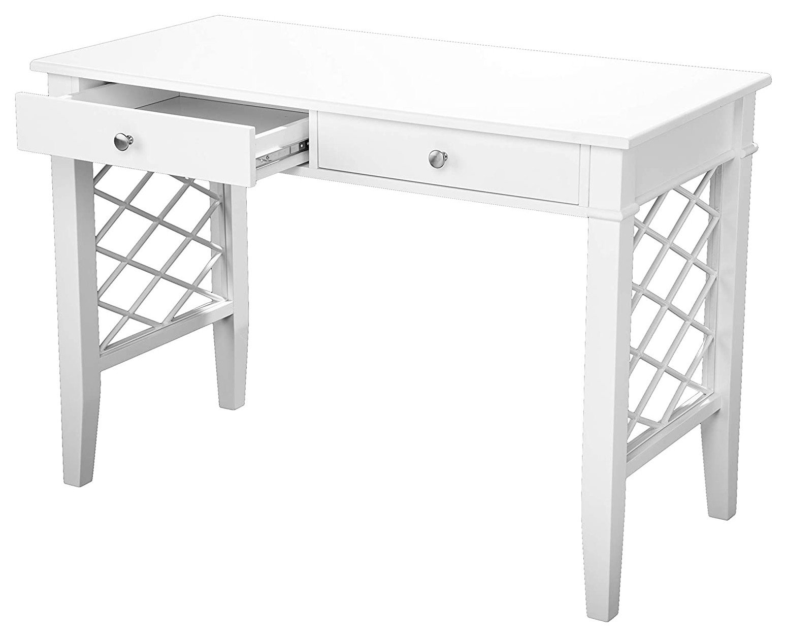 Unique Writing Desk, Crossed Side Panels and 2 Front Drawers, White ...