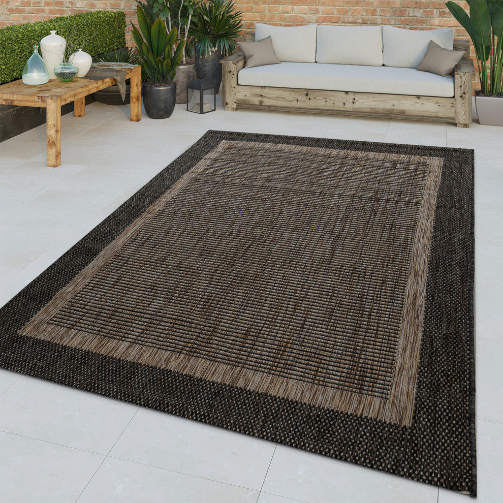 Borderd Outdoor Rug Rustic Style, Black Brown, 5'3