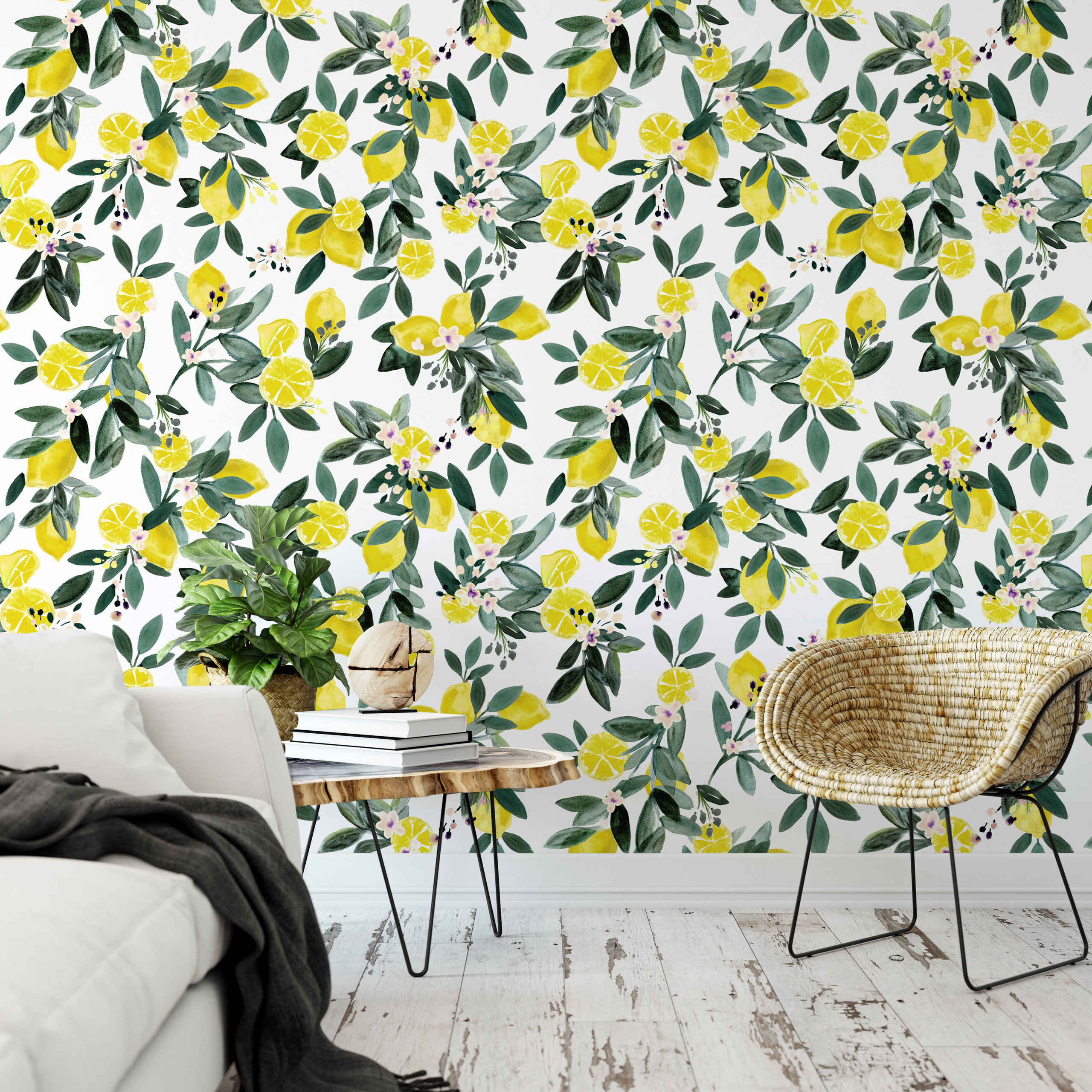 Dear Clementine Teal Lemons White Wallpaper, Sample 12"x8" - Farmhouse ...