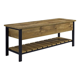 Rustic Farmhouse Storage Bench, Metal Frame and Lower Slatted Shelf ...