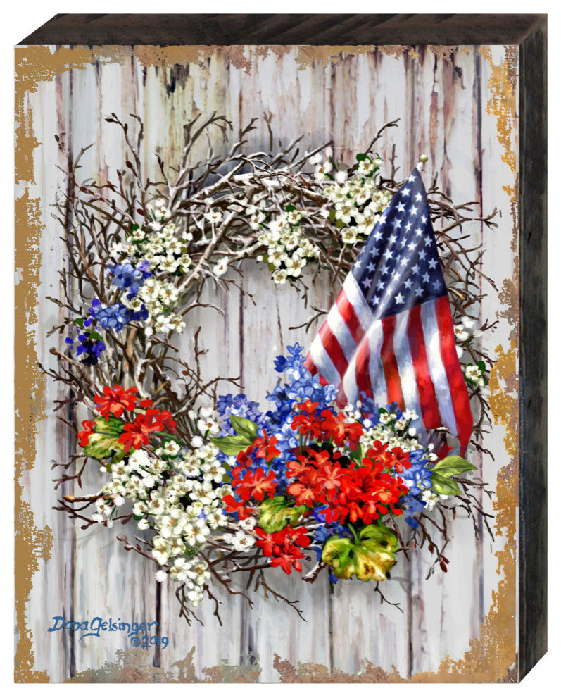 Patriotic Wreath Wooden Block, 7 x 5.5 - Contemporary - Outdoor Wall ...