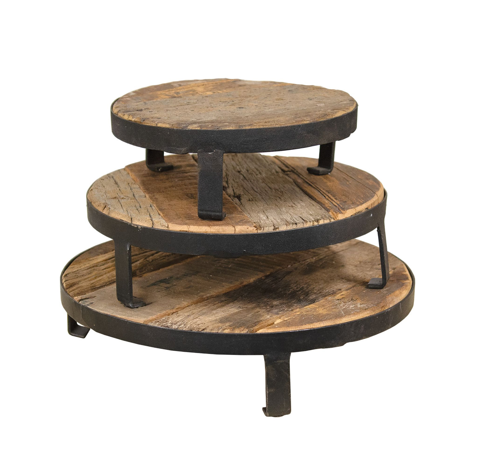 Weathered Wood and Metal Round Risers, Set of 3 - Industrial - Plant ...