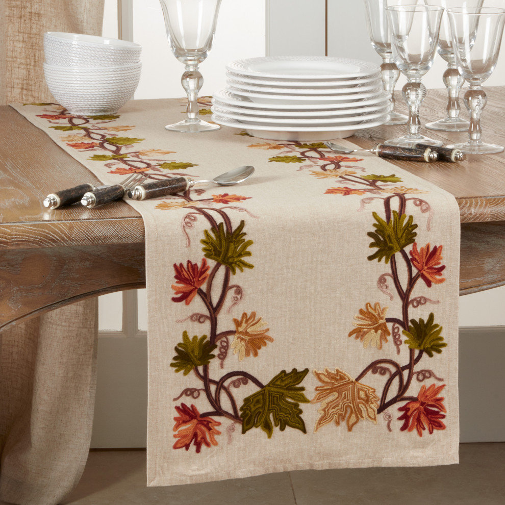 Fall Leaf Design Embroidered Table Runner, Natural, 16"x72", 16"x72 ...