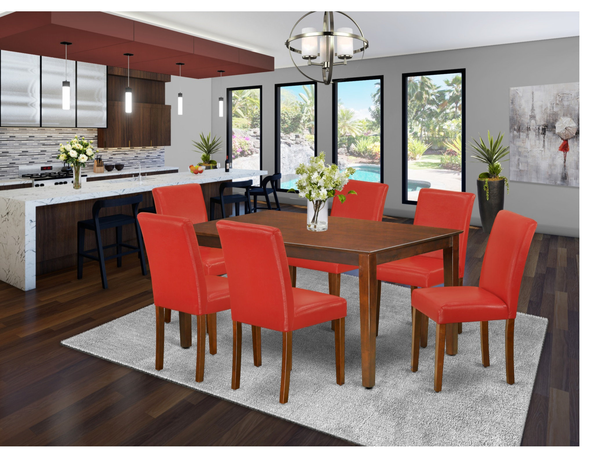 7-Piece 60" Table and 6 Chair With Mahogany Leg and Pu Leather ...