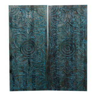 Consigned Blue Accents Lotus Carved Sliding Barn Door Vintage Double ...