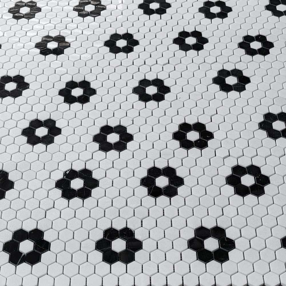 Thassos White Marble Hexagon Rosette Mosaic Tile Nero Marquina Black, 1 sheet, 1 inch ...