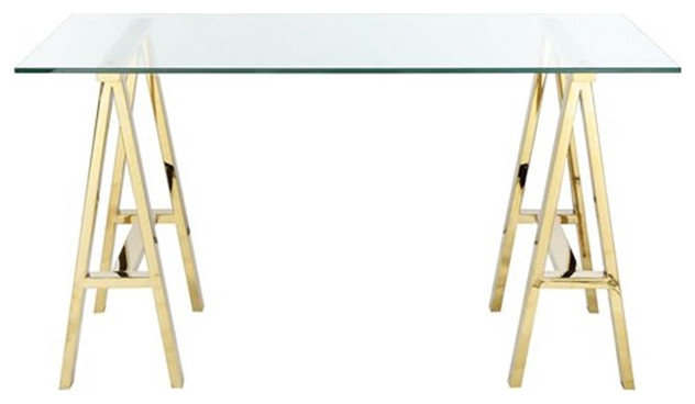 Pangea Home Brady Small Metal Desk with Glass in Polished Gold ...