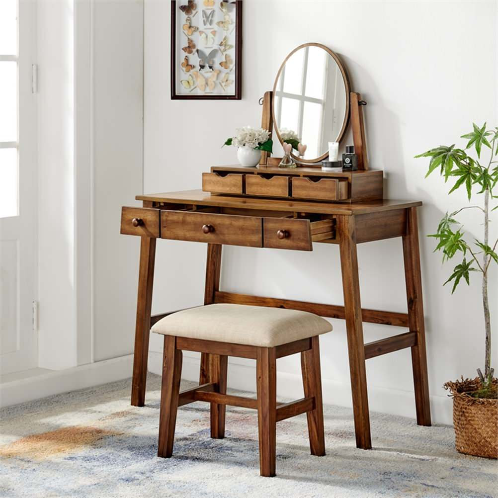 Linon Iris Wood Vanity & Padded Stool Set Oval Mirror 5 Drawers in ...