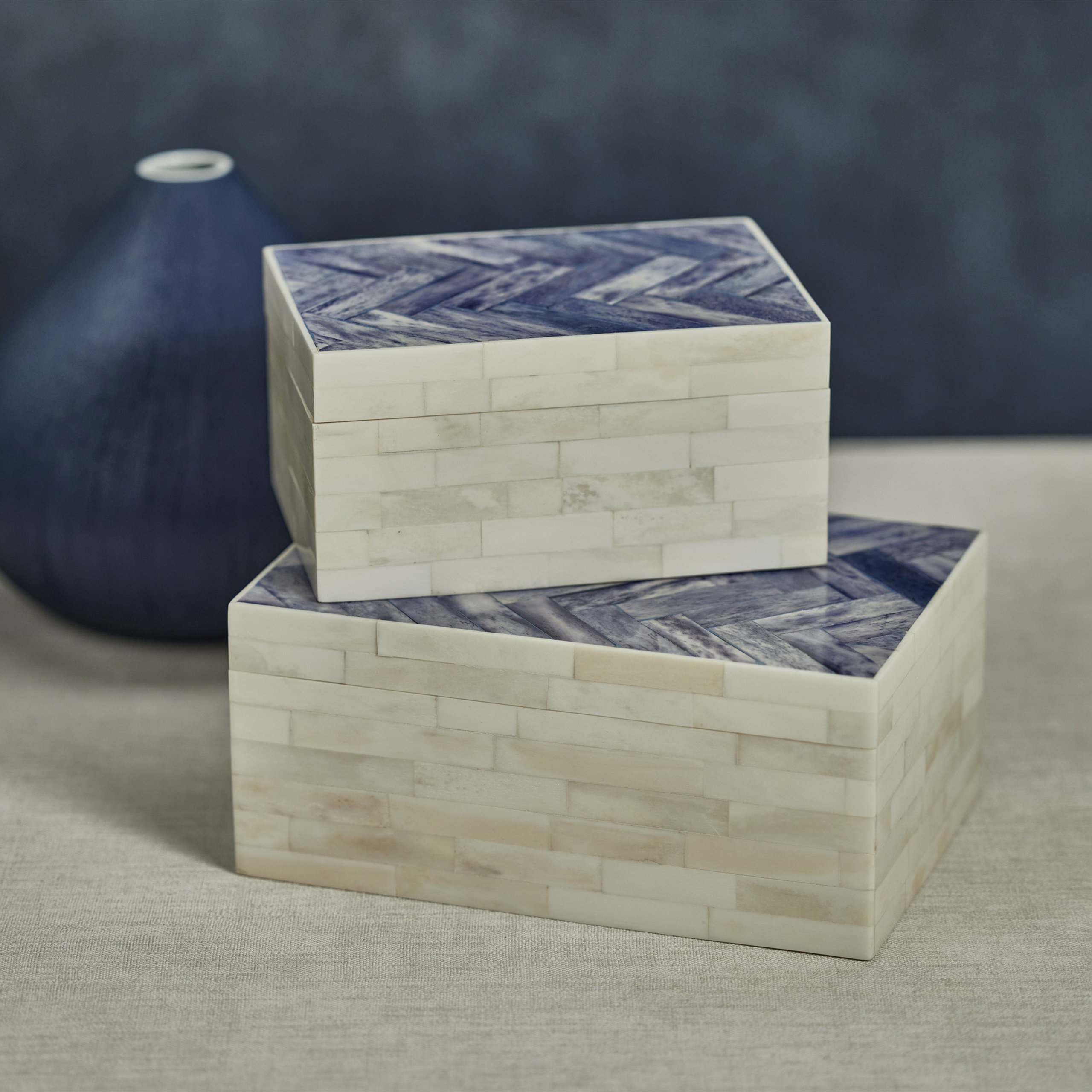 Mahar Bone Box With Blue Herringbone Pattern Lid, L- 9" X 6" X 4 ...