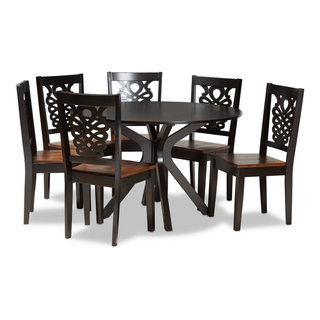Transitional Walnut Dining Set with Round Table and Scoop Seat Chairs ...