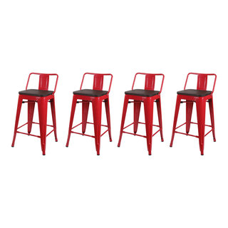 Lowback Red Metal Bar Stools, Dark Wooden Seat, Set of 4 - Industrial ...